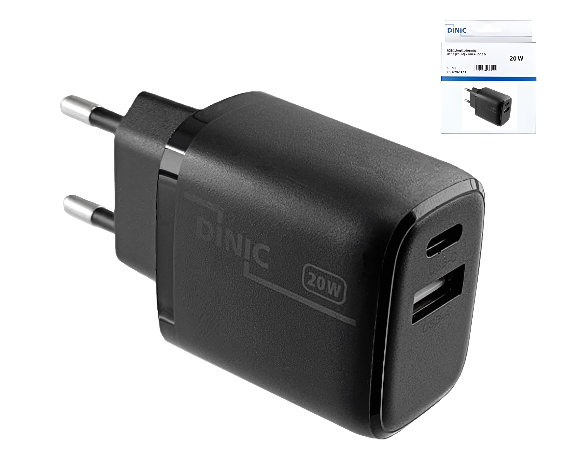 MAG-Kabel - Nabíječka DINIC USB C+A 20W PD/QC černá skříňka